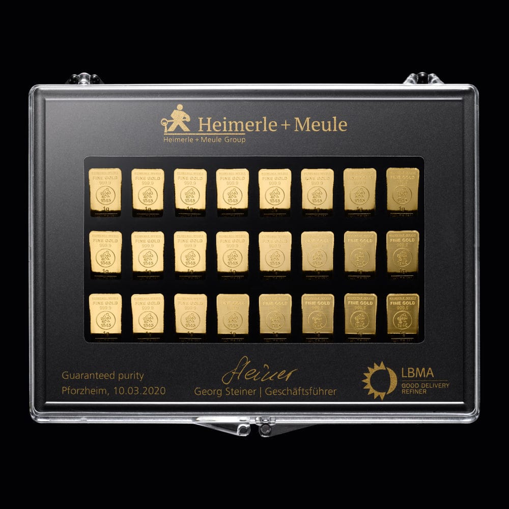 Sammelbox für 50 x 1g Goldbarren Heimerle + Meule